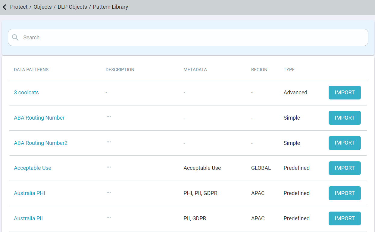 Importing predefined DLP patterns